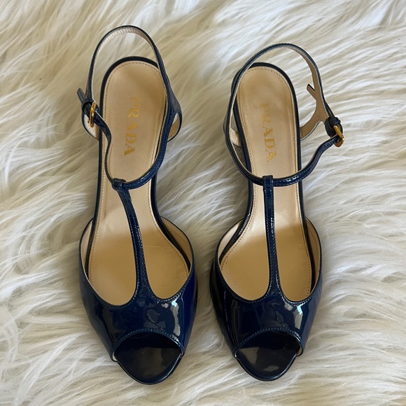 Prada | Shoes | Prada Patent Navy Blue Tstrap Heels | Poshmark